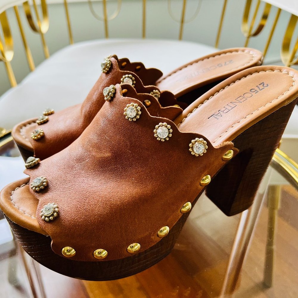275 Central Brown Leather Clogs With Rhinestone Trim - Gem